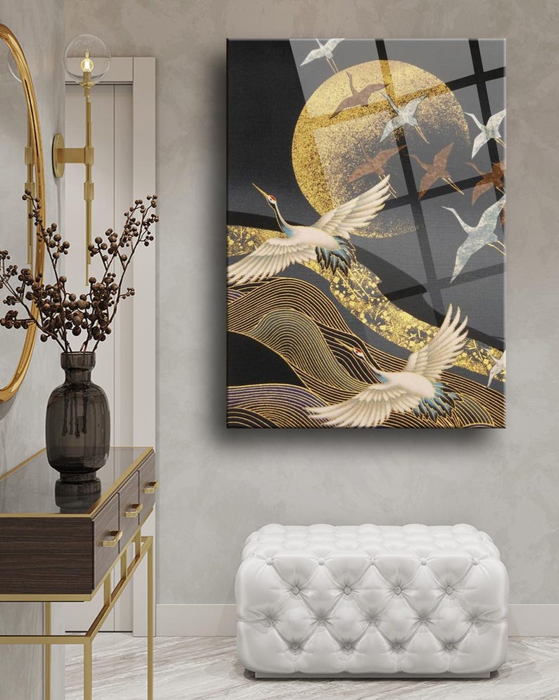 Stork Glass Wall Art Elegant Bird Print Minimalist Tempered Glass Home ...