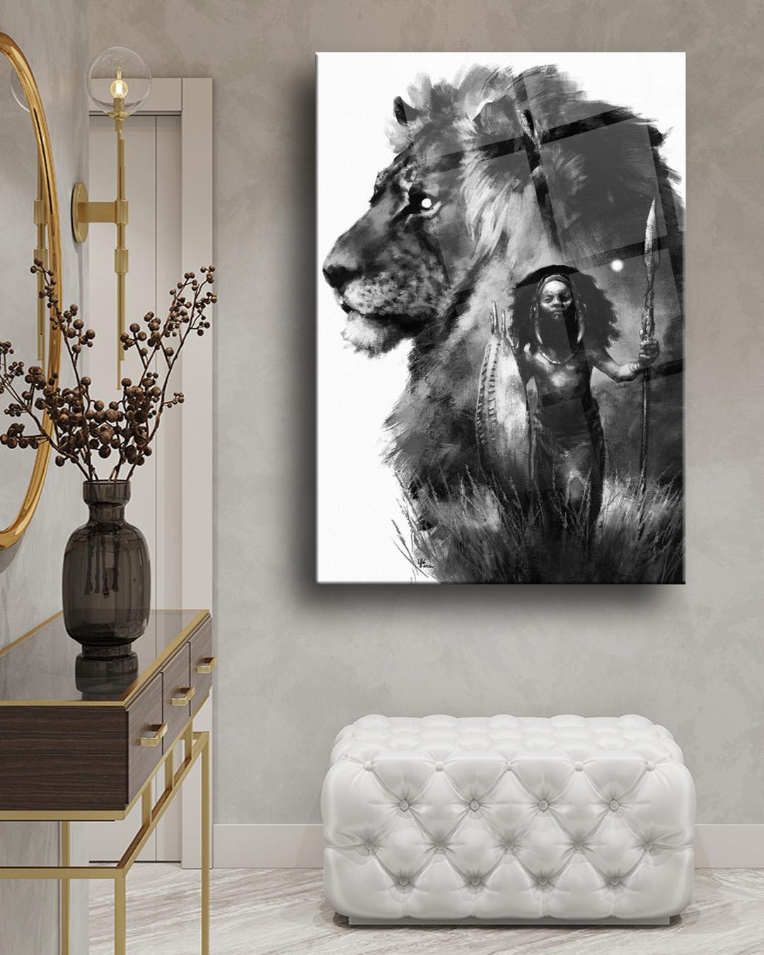 African Woman and Lion Glass Wall Art,lion and African Woman Glass ...
