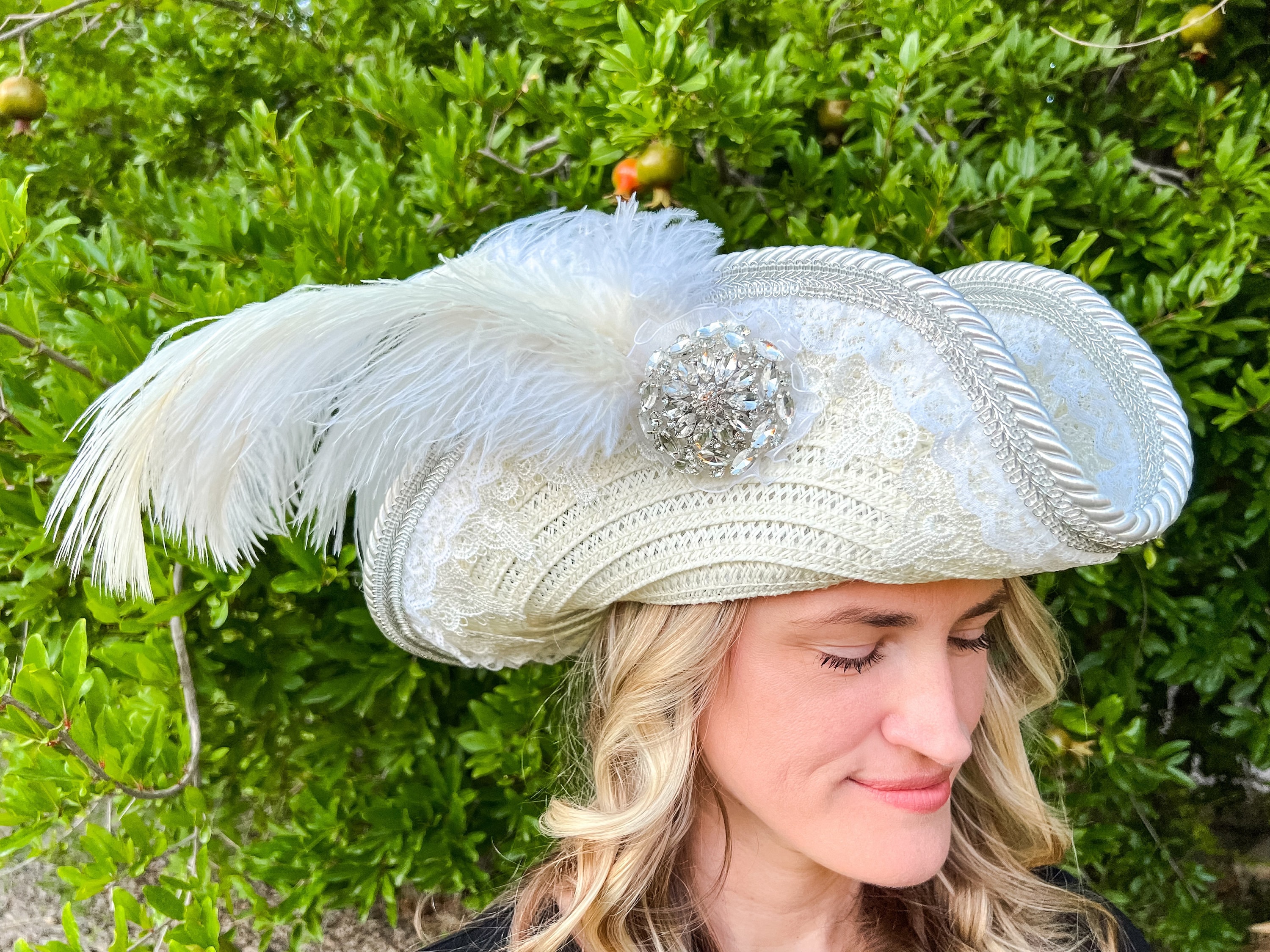 Pirate Hat 21.75 Bicorn Bridal Wedding Straw With White Lace, Ostrich ...