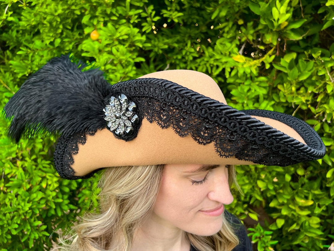 Pirate Hat 22" Cavalier Tan With Black Venetian Lace, Ostrich Feathers ...