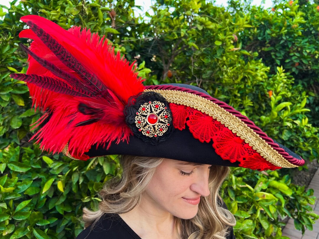 Pirate Hat 21.75 Cavalier Black Polyester With Red Venice Lace, Red ...
