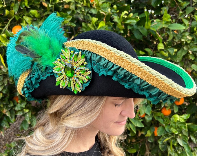 Pirate Hat 22.5 Cavalier Black With Emerald Green Venice Lace, Ostrich ...