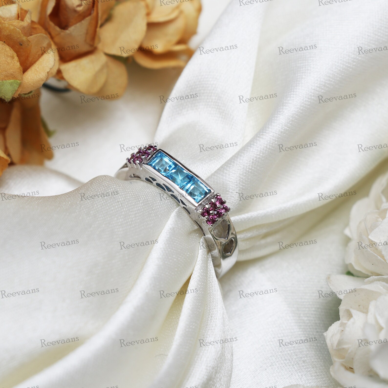 Natural Swiss Blue Topaz Square Cut Gemstone Designer Band - Etsy