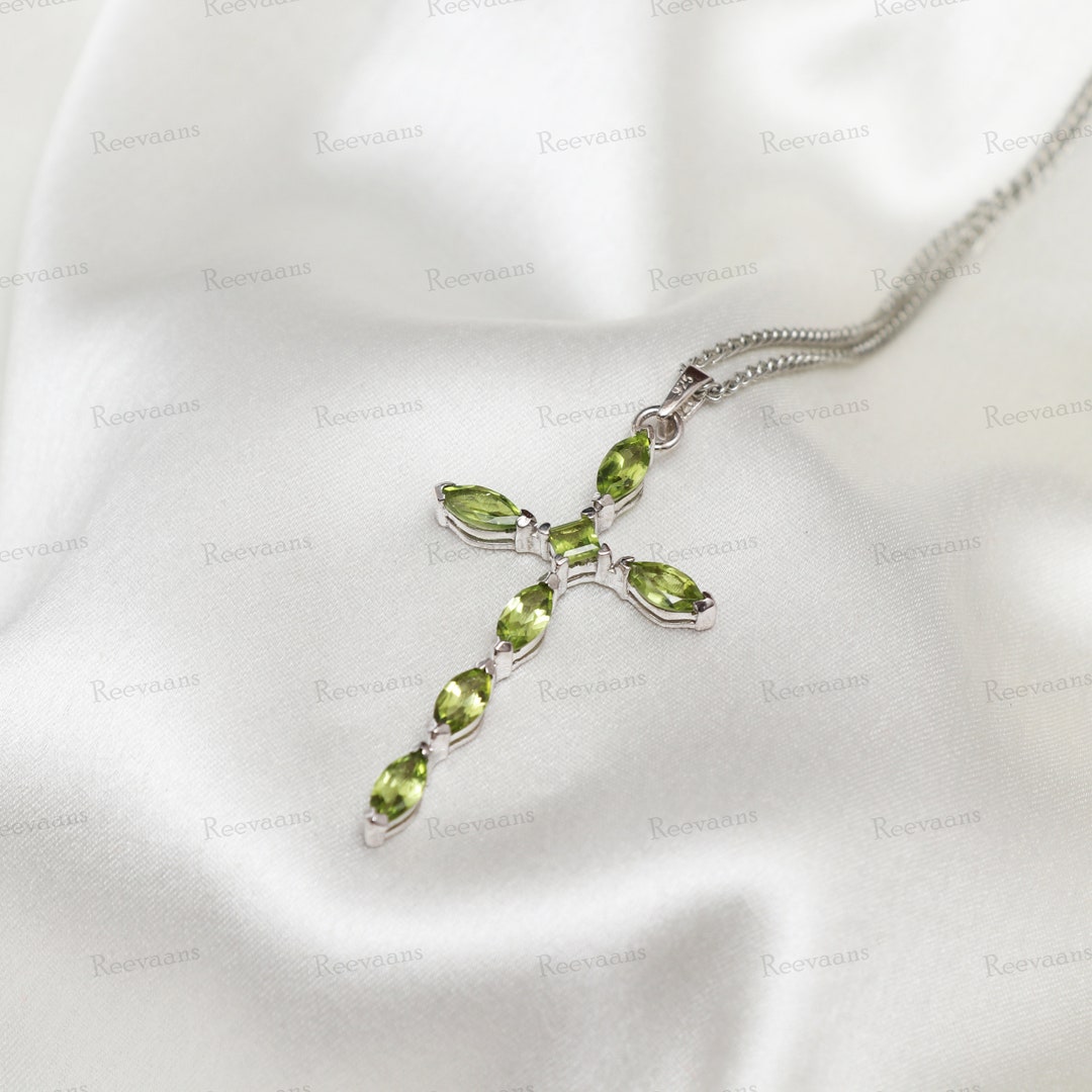 Natural Peridot Marquise Gemstone Cross Pendant, 925 Solid Silver ...