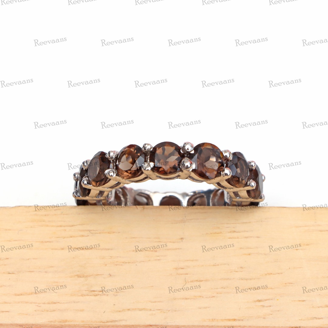 Natural Smoky Quartz Round Gemstone Eternity Band Ring, 925 Silver Ring ...