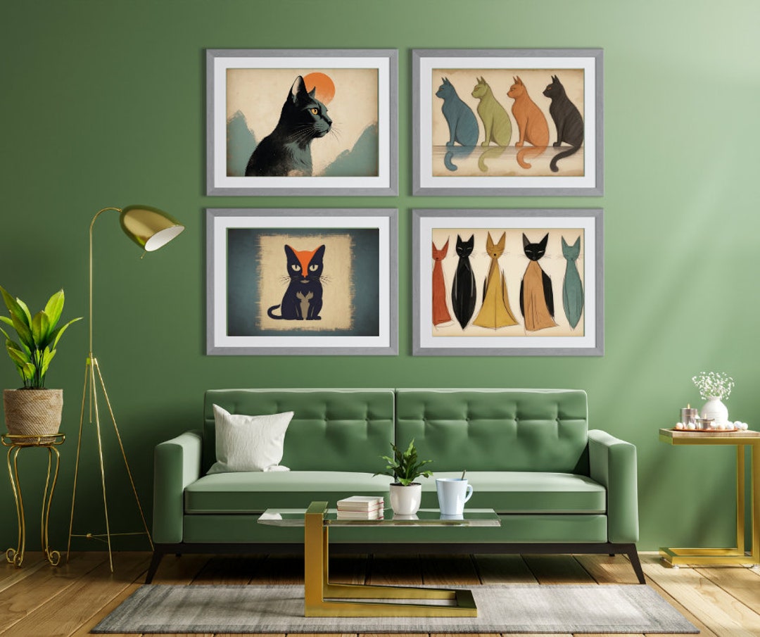 Retro Cat Art Prints Set of 4 - Vintage & Minimalist Download - Funny ...