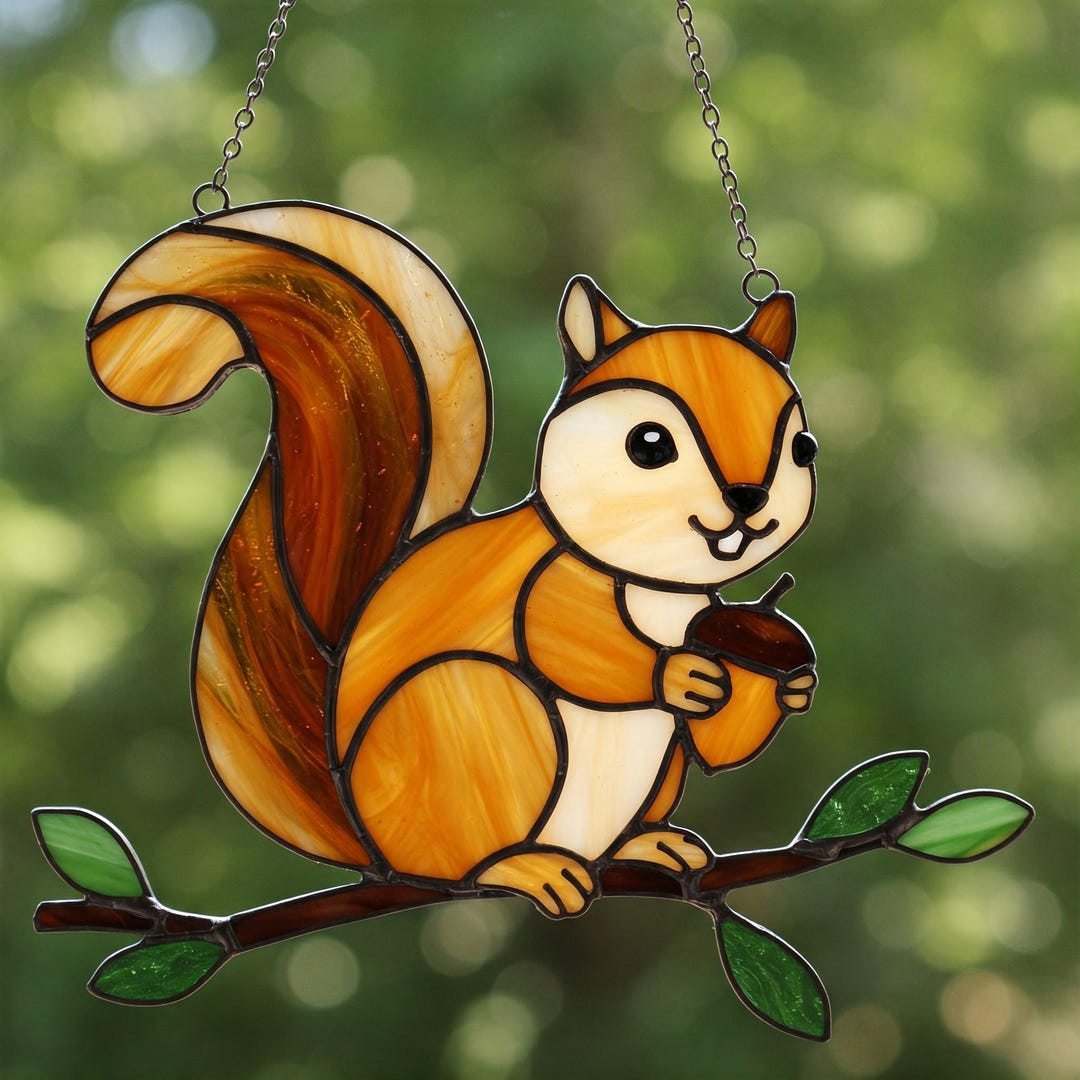 Squirrel and Acorn Stained Glass Pattern, Cute Squirrel Stained Glass ...