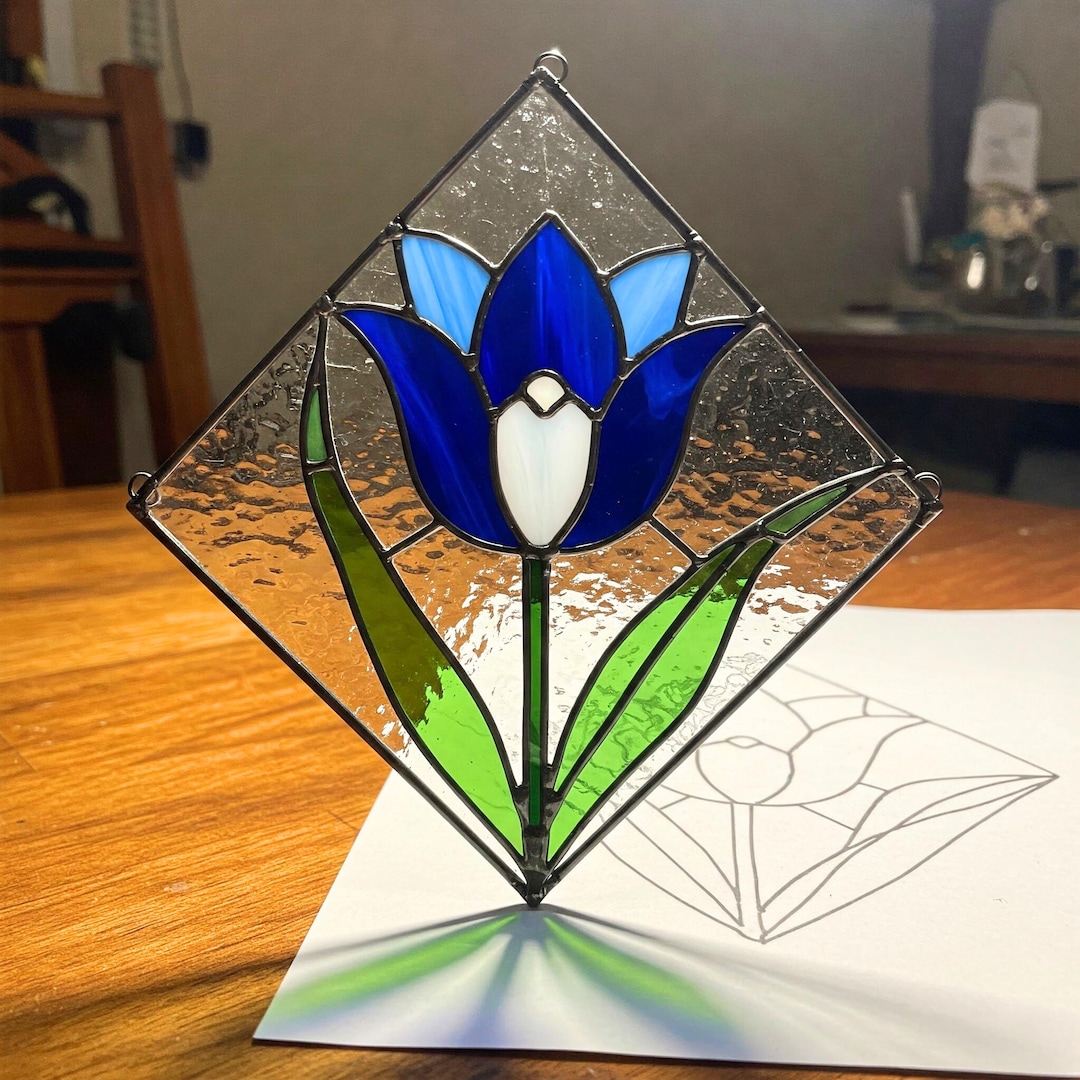 Blue Tulip Stained Glass Pattern, Floral Stained Glass Suncatcher, DIY ...