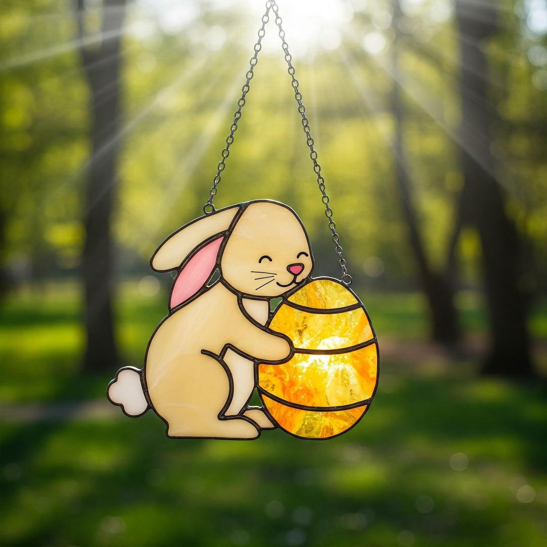 Bunny Stained Glass Pattern, Cute Rabbit Stained Glass Suncatcher ...