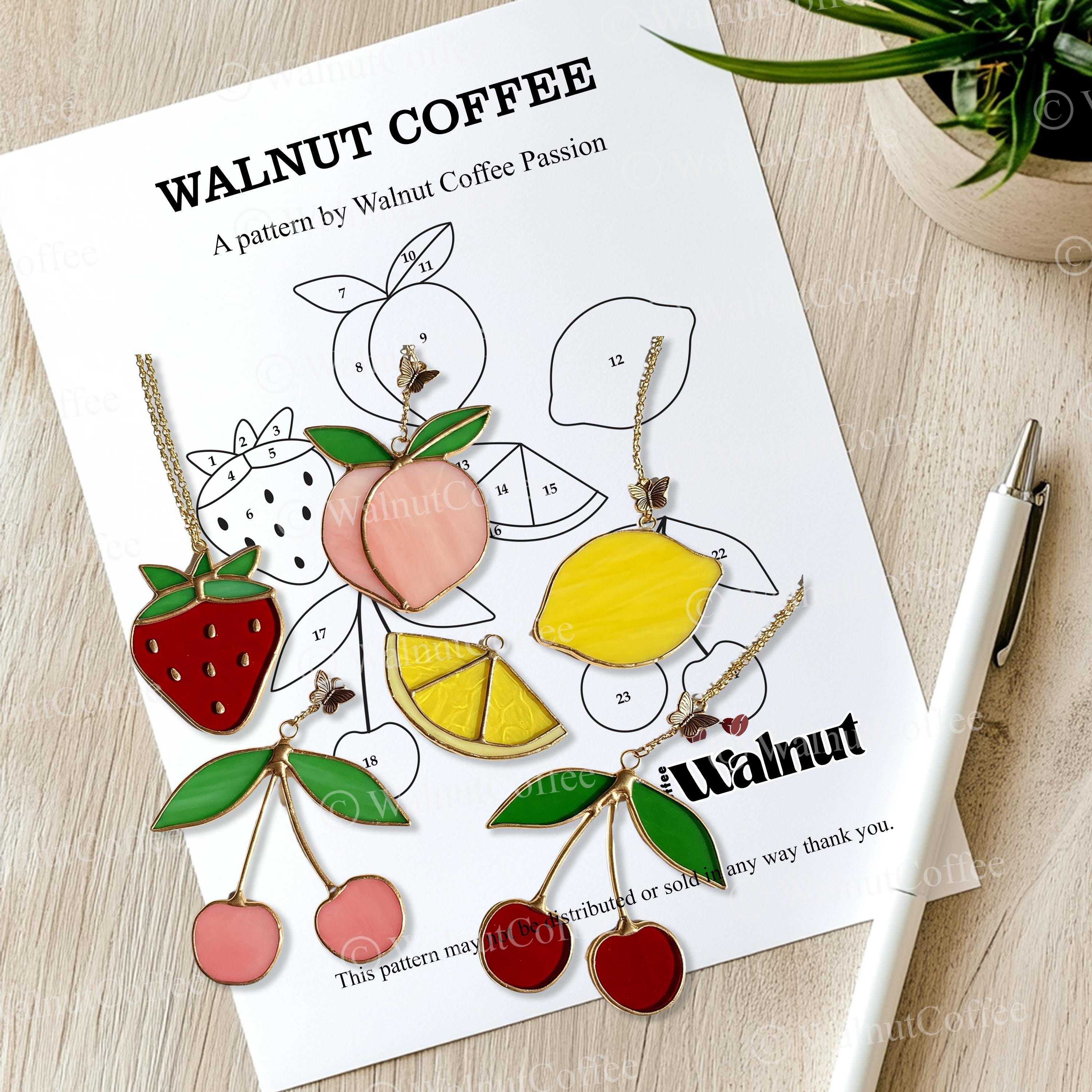 Colorful Fruits Stained Glass Pattern: Strawberry, Peach, Lemon, Cherry ...