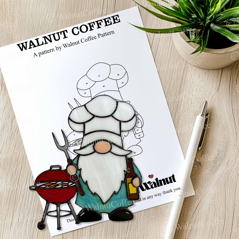 BBQ Gnome Stained Glass Pattern: Chef Garden Decor (PDF Download A3 ...