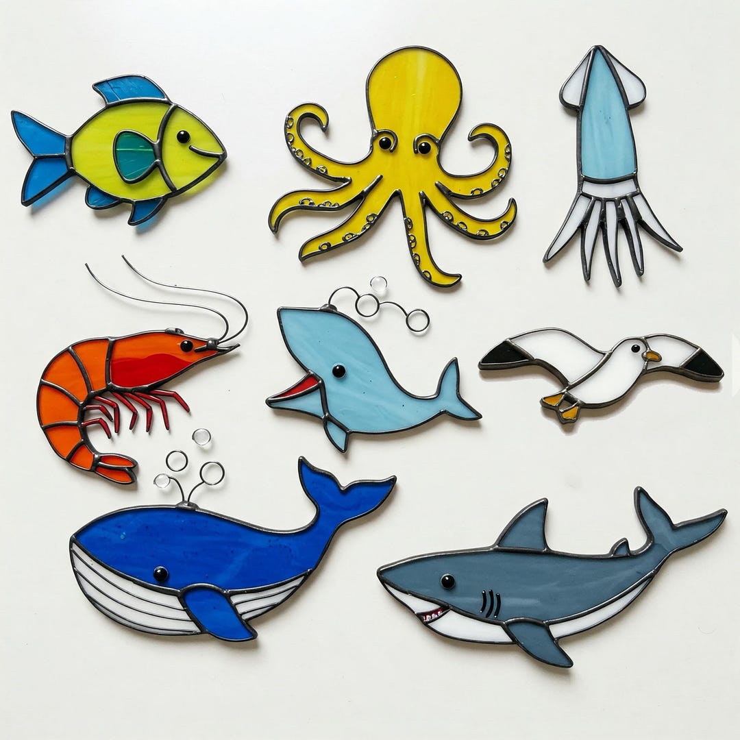 Colorful Sea Creatures Stained Glass Pattern: Fish, Whale, Octopus (PDF ...