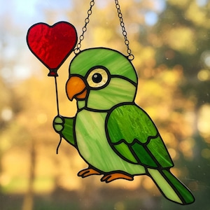 Parrot Stained Glass Pattern: DIY Suncatcher With Heart Balloon (PDF ...