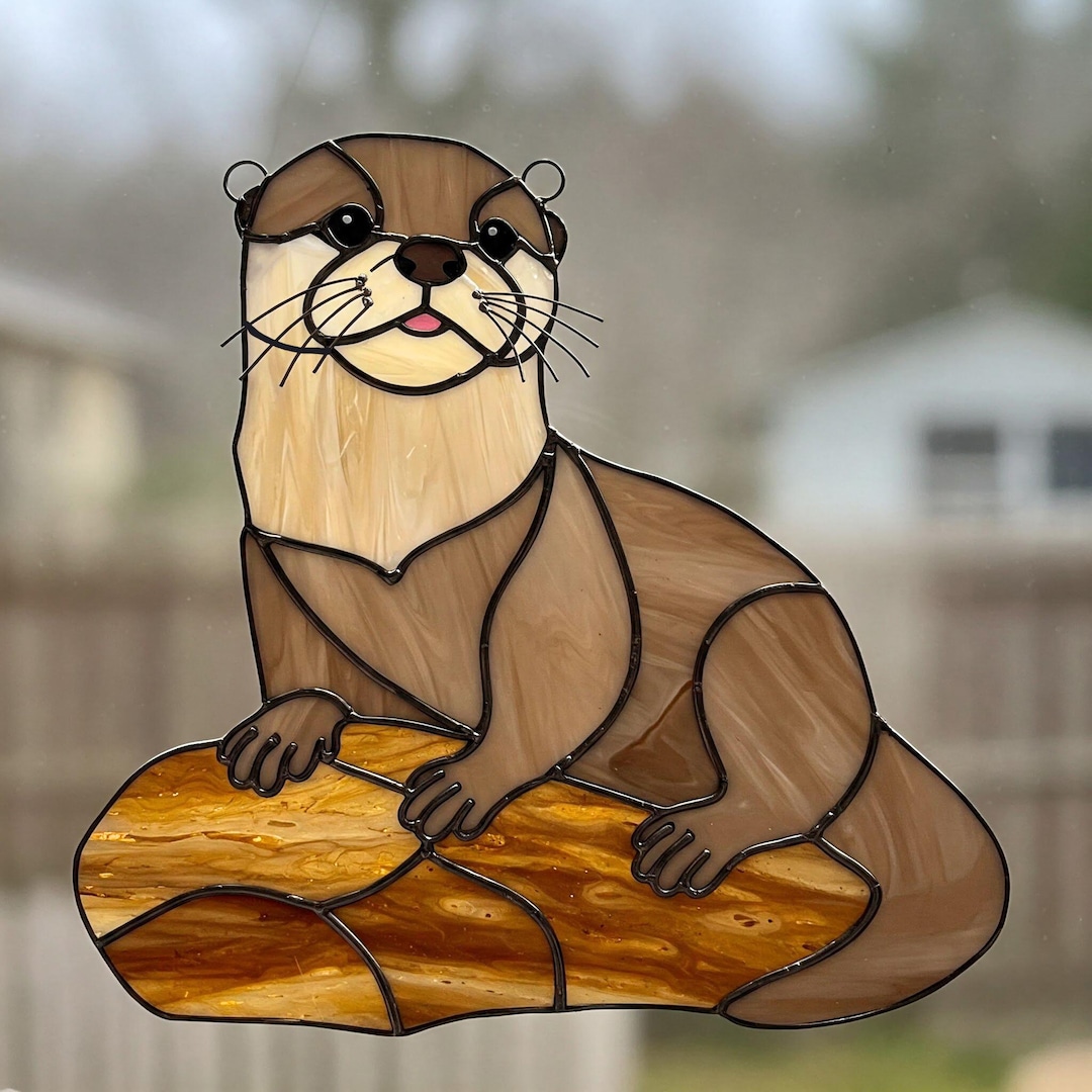 Otter Stained Glass Pattern Suncatcher, Cute River Otter on Rock, Otter ...