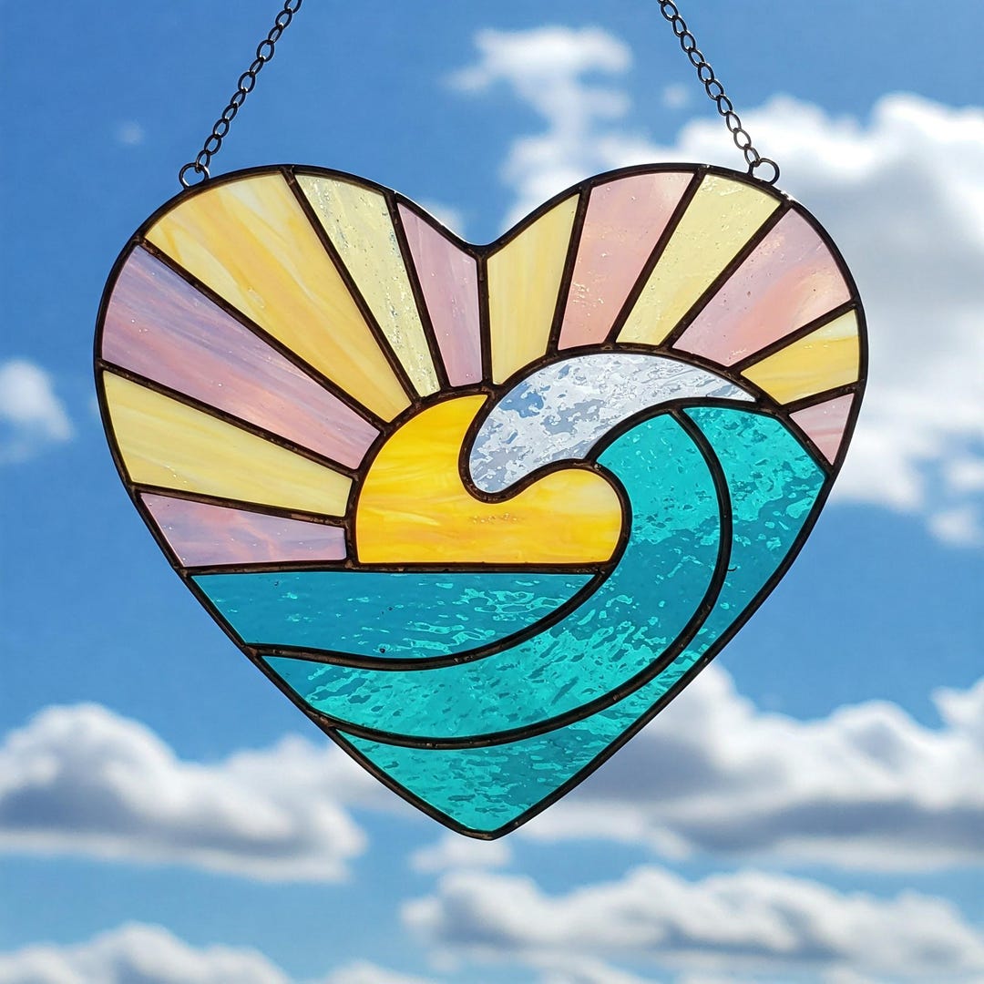 Sunset Stained Glass Pattern, Ocean Waves Suncatcher Glass Pattern ...