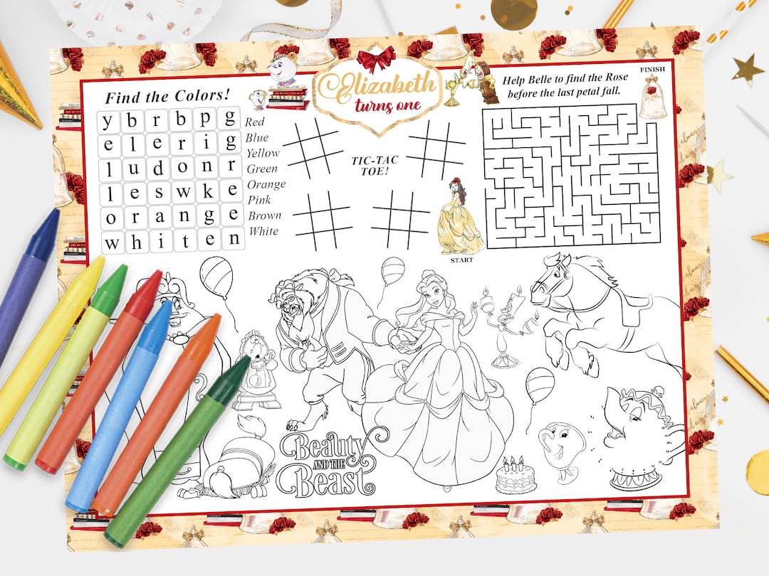 Beauty and the Beast Activity Placemat, Beauty and the Beast Placemat ...