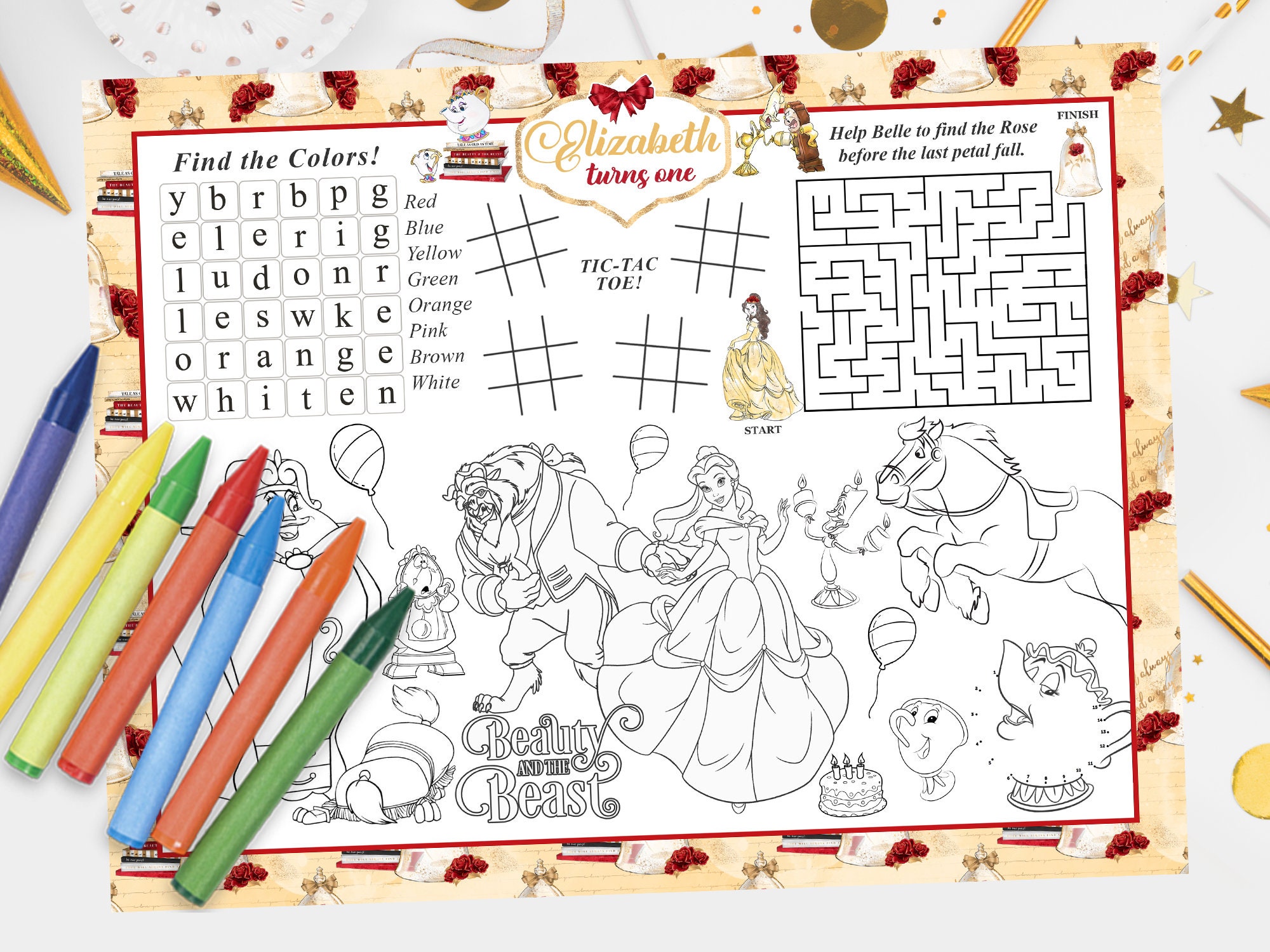 Beauty and the Beast Activity Placemat, Beauty and the Beast Placemat ...