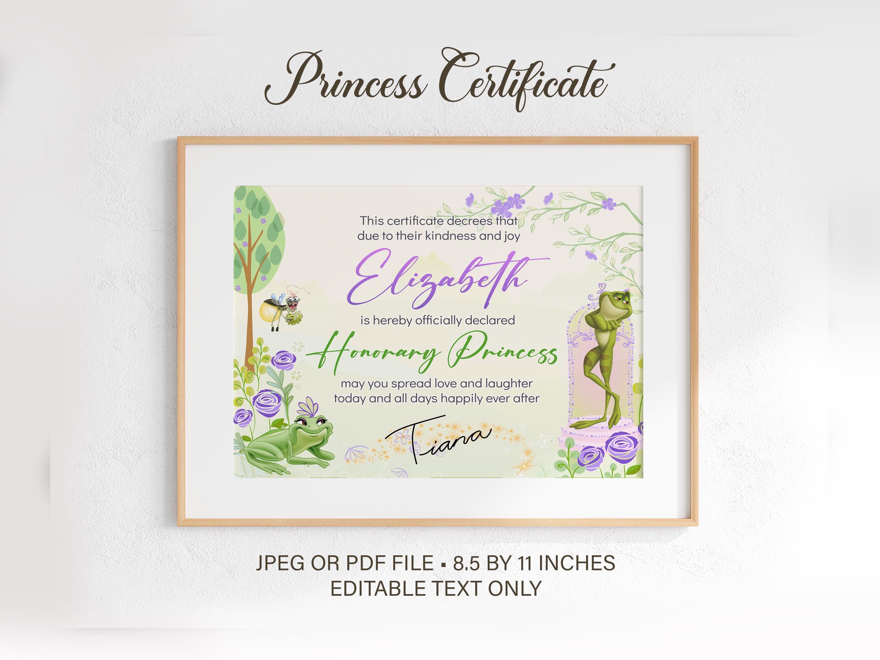 Tiana Honorary Princess Certificate, Tiana Certificate, Baby Tiana ...
