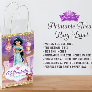 Princess Jasmine Treat Bag Label, Princess Jasmine Paper Bag Label ...