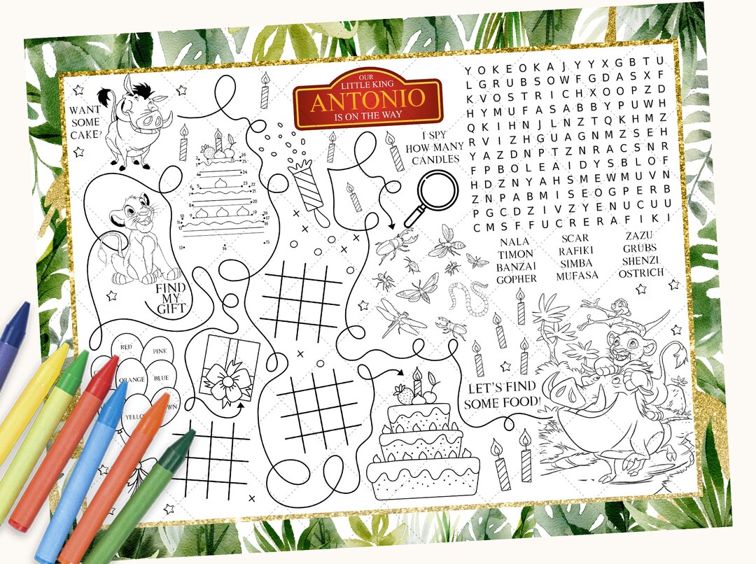 Lion King Activity Placemat, Lion King Placemat, Lion King Coloring ...