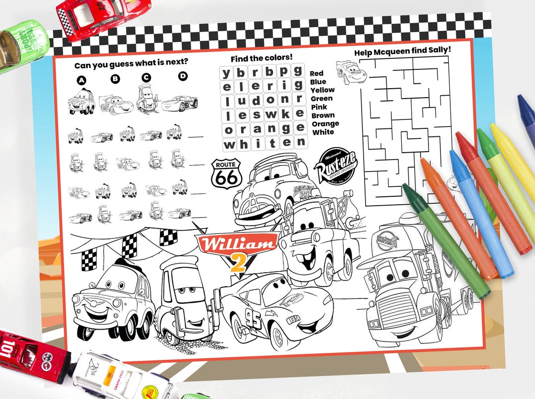 Cars Radiator Spring Activity Placemat, Cars Placemat, Cars Coloring ...