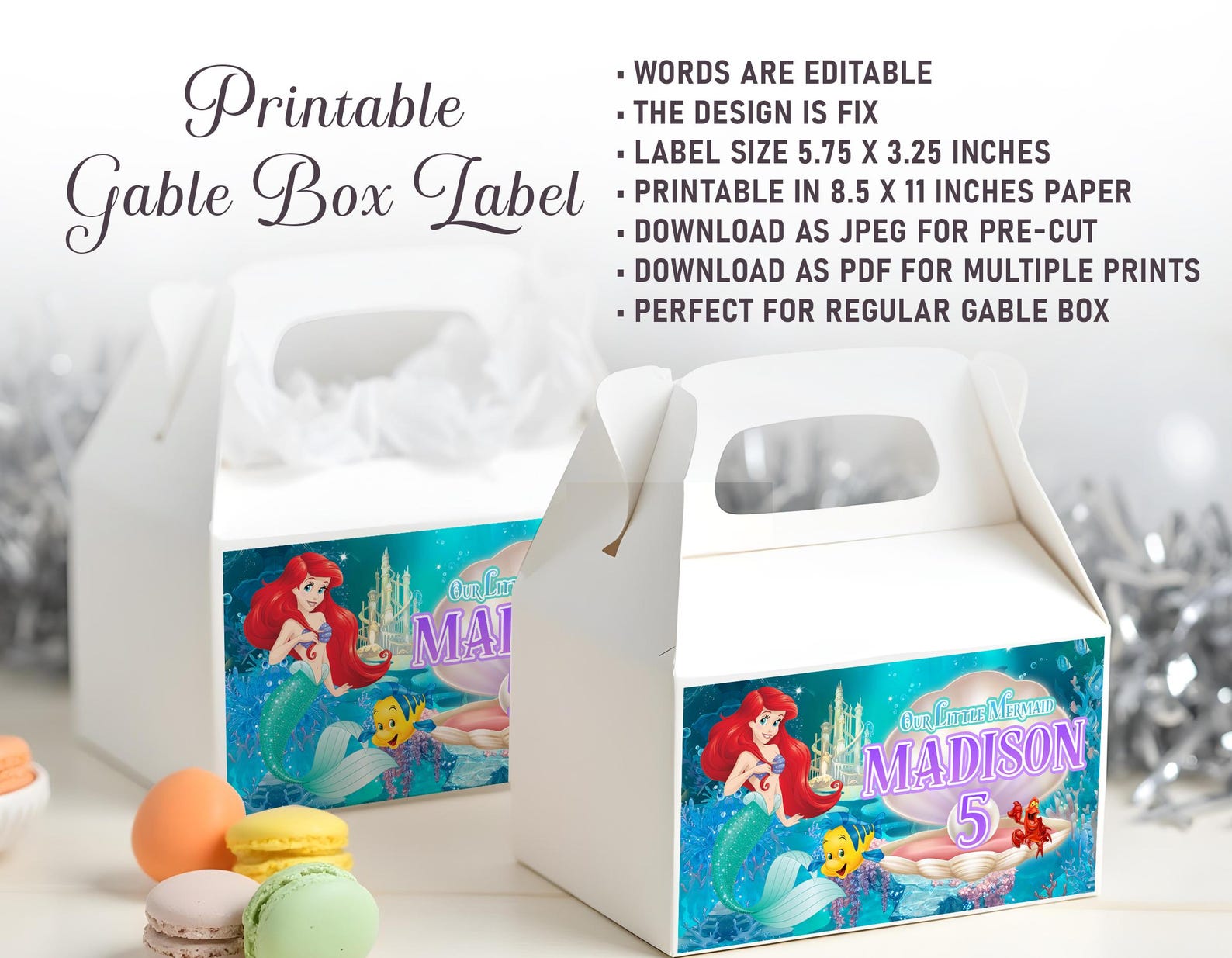 Mermaid Ariel Gable Box Label, Mermaid Ariel Treat Box Label, Mermaid ...