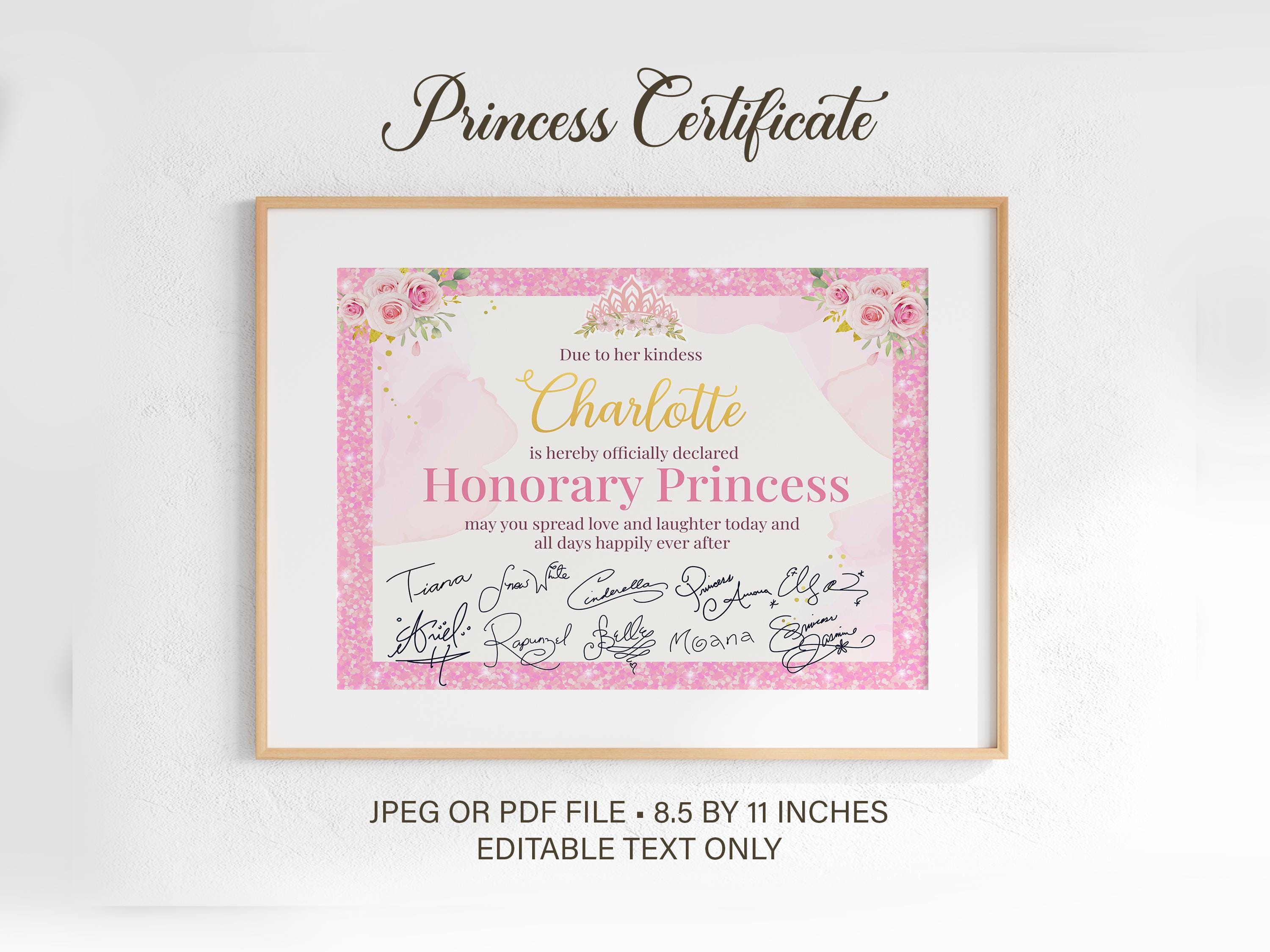 Princesses Honorary Princess Certificate, Princesses Certificate ...