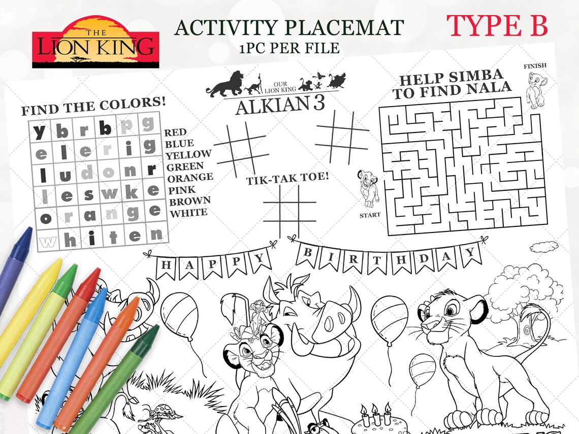 Lion King Activity Placemat Lion King Placemat Lion King - Etsy