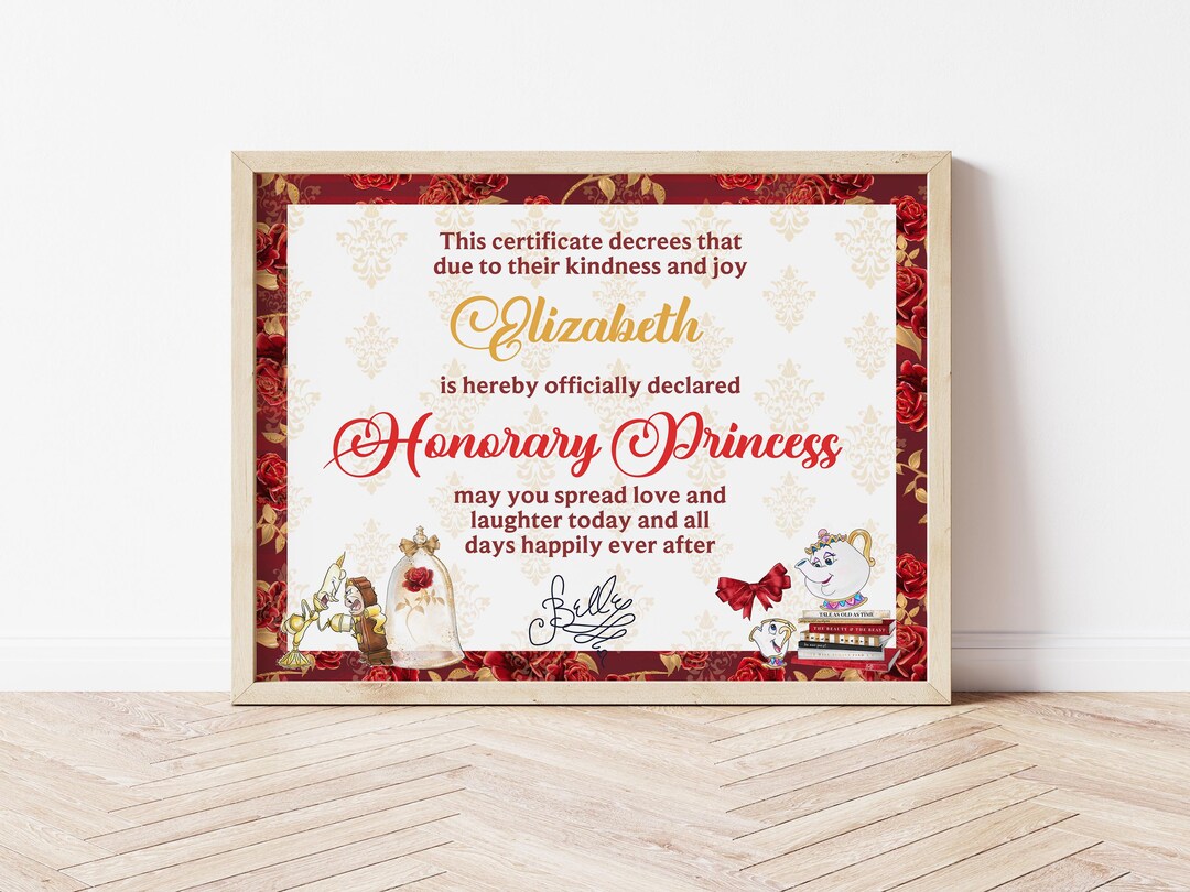 Beauty and the Beast Honorary Princess Certificate, Beauty and the ...
