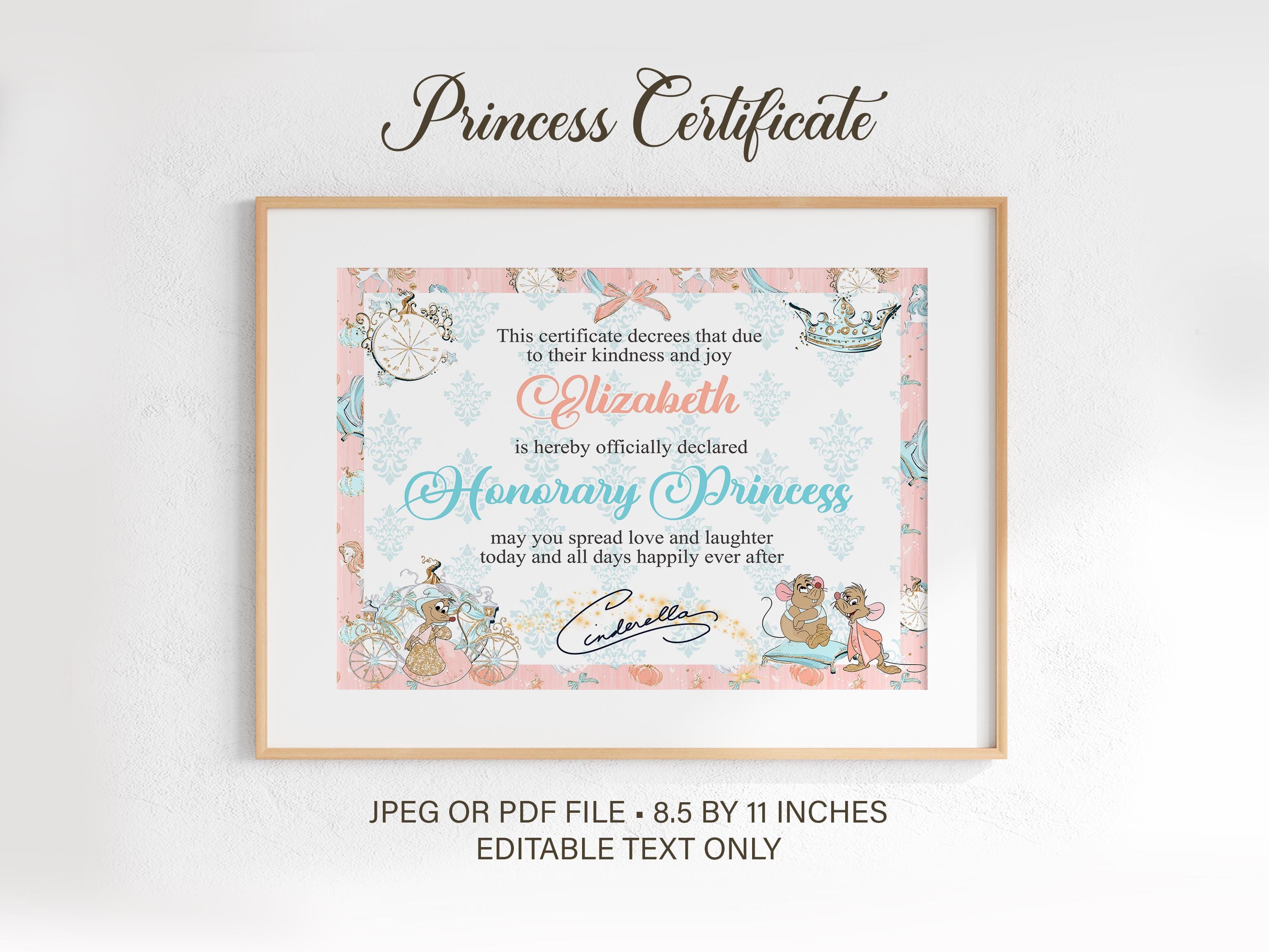 Cinderella Honorary Princess Certificate, Cinderella Certificate ...