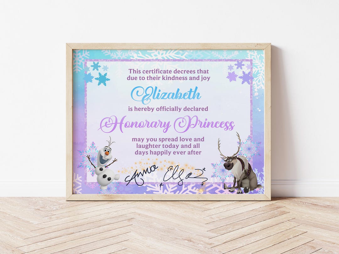 Frozen Honorary Princess Certificate, Frozen Certificate, DIGITAL FILE ...