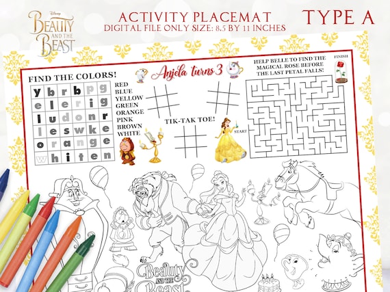 Beauty and the Beast Activity Placemat Beauty and the Beast | Etsy