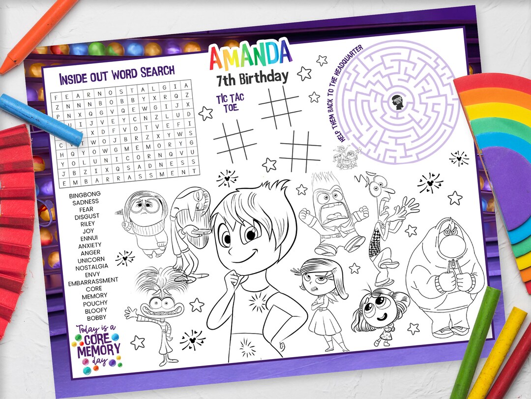 Inside Out Activity Placemat, Inside Out Placemat, Inside Out Coloring ...