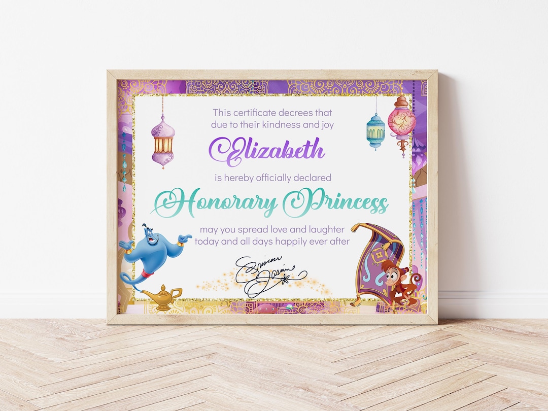 Princess Jasmine Honorary Princess Certificate, Princess Jasmine ...
