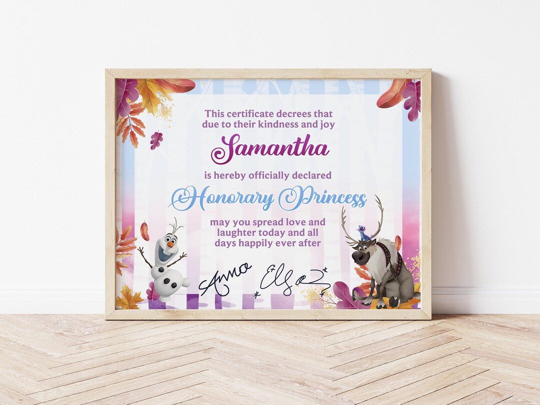 Frozen Honorary Princess Certificate, Frozen Certificate, DIGITAL FILE ...