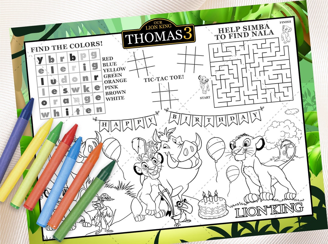 Lion King Activity Placemat, Lion King Placemat, Lion King Coloring ...
