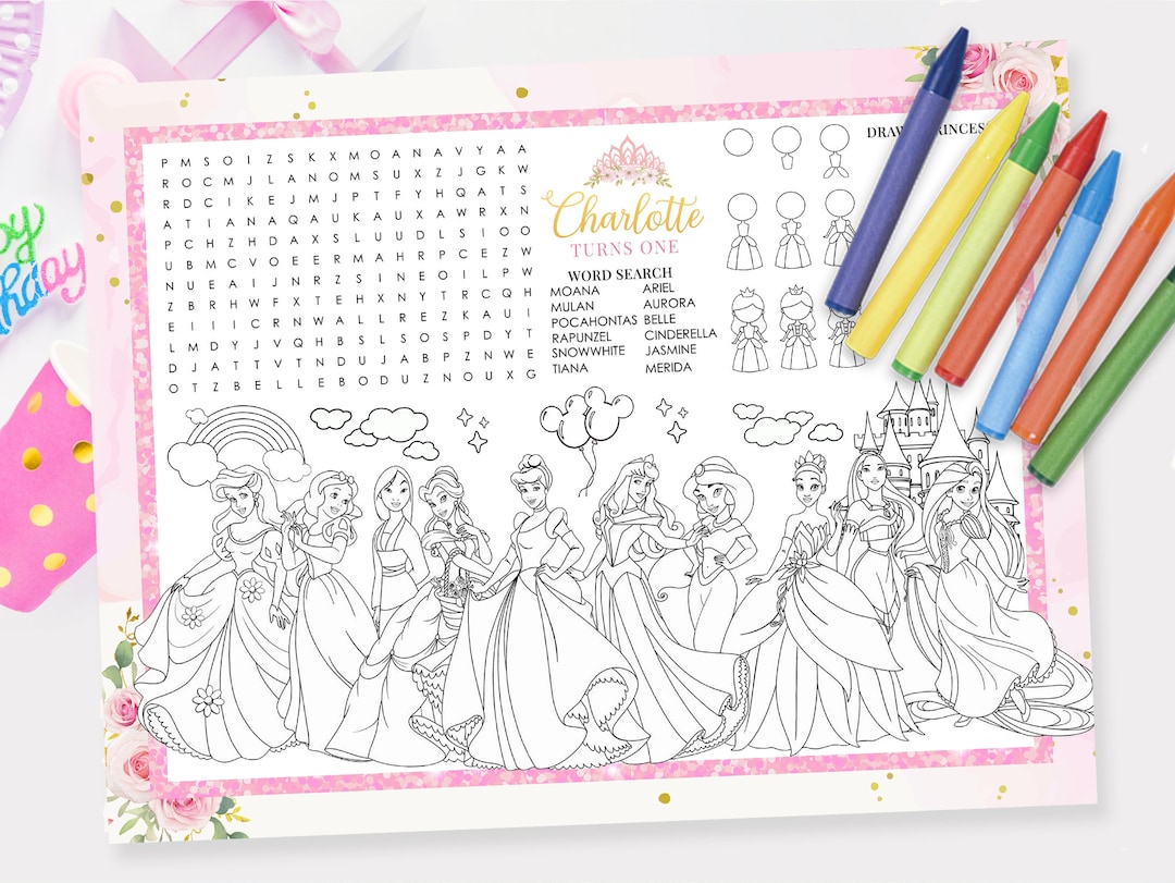 Princess Activity Placemat, Princess Placemat, Princess Coloring Sheet ...