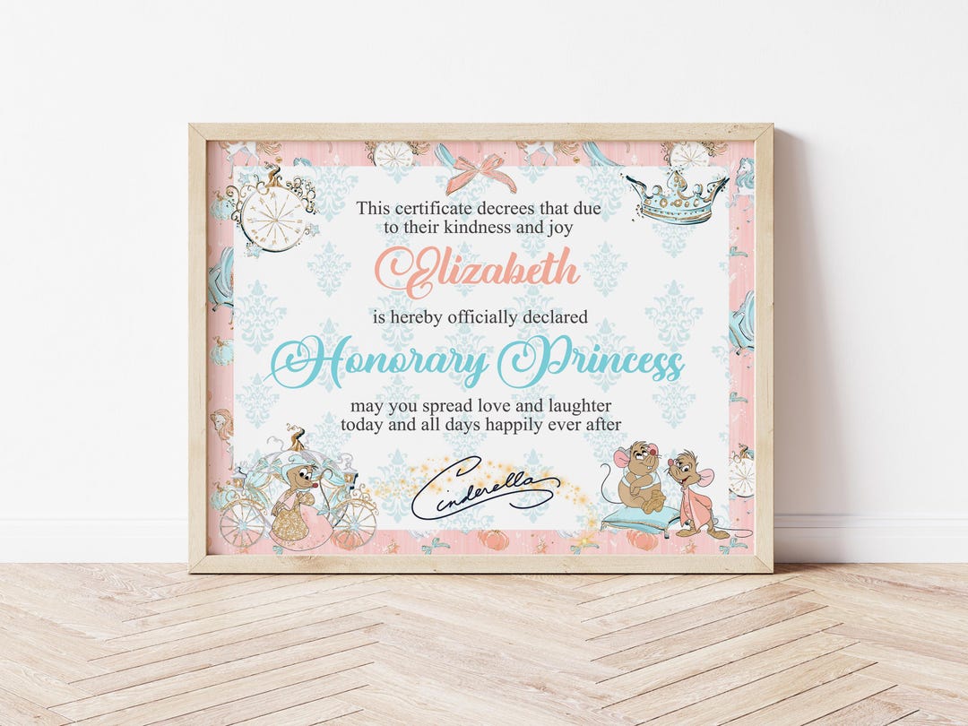 Cinderella Honorary Princess Certificate, Cinderella Certificate ...