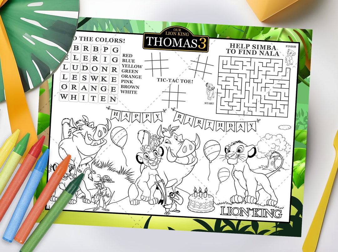 Lion King Activity Placemat, Lion King Placemat, Lion King Coloring ...