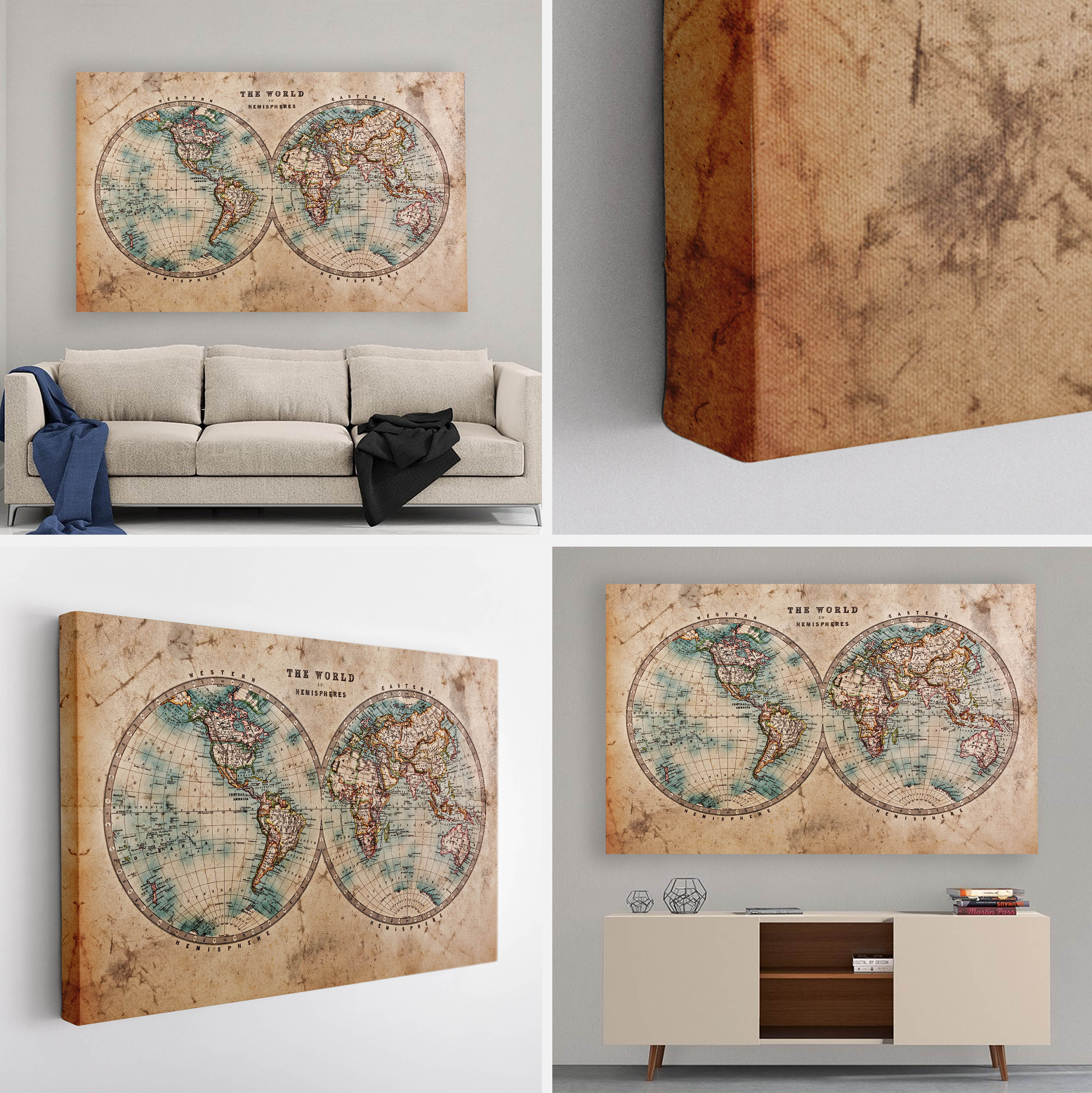 Antique World Map Canvas Print, World Map Wall Art, Vintage World Map ...