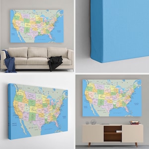 Detailed USA Map Canvas Print, USA Map Wall Art, USA Map Canvas Art ...