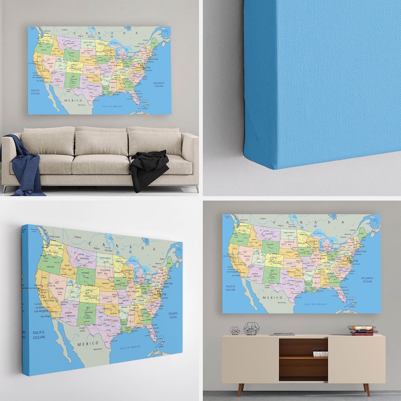 Detailed USA Map Canvas Print, USA Map Wall Art, USA Map Canvas Art - Etsy