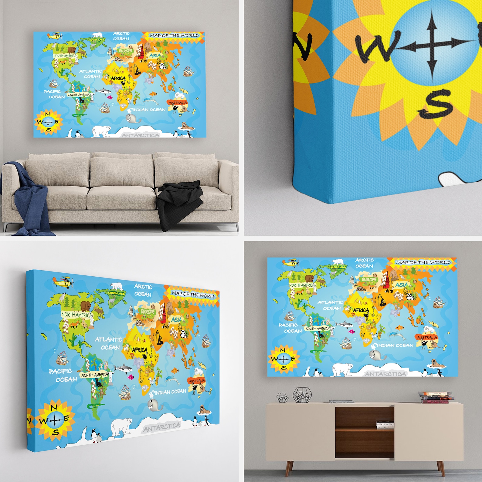 Kids World Map Canvas Print, World Map Wall Art, Children Room Wall ...