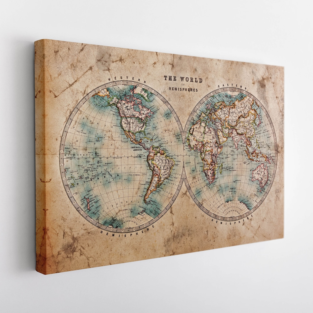Antique World Map Canvas Print, World Map Wall Art, Vintage World Map ...