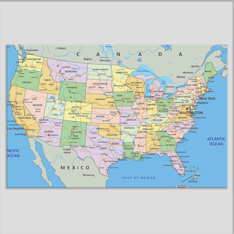Detailed USA Map Canvas Print, USA Map Wall Art, USA Map Canvas Art - Etsy