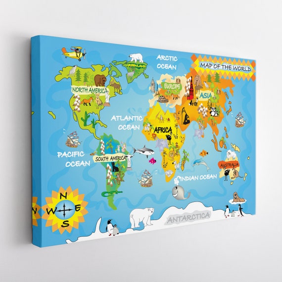 Kids World Map Canvas Print World Map Wall Art Children Room | Etsy