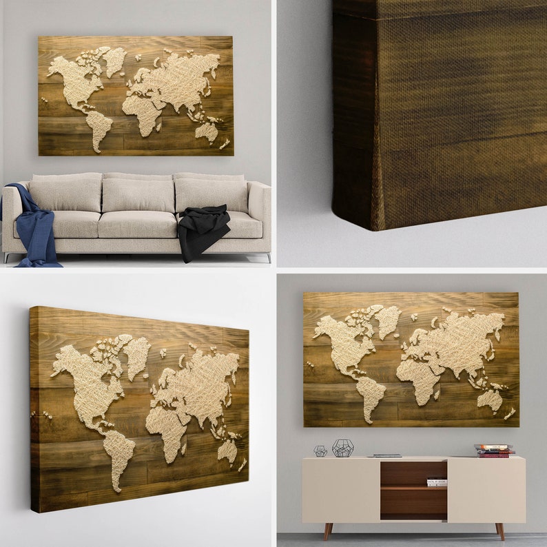 World Map Canvas Print, World Map Wall Art, Abstract Wood Style World ...