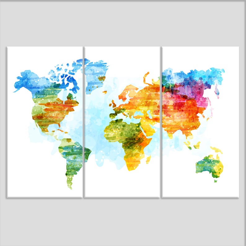 World Map Canvas Print, World Map Wall Art, Watercolor World Map Canvas ...