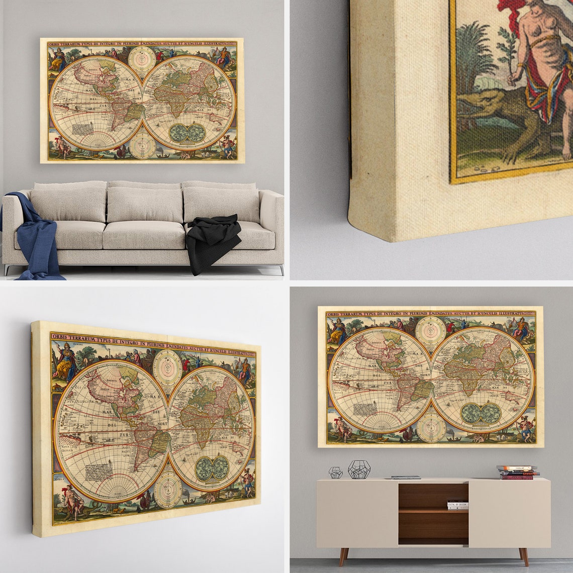 Vintage World Map Canvas Print, World Map Wall Art, Antique World Map ...