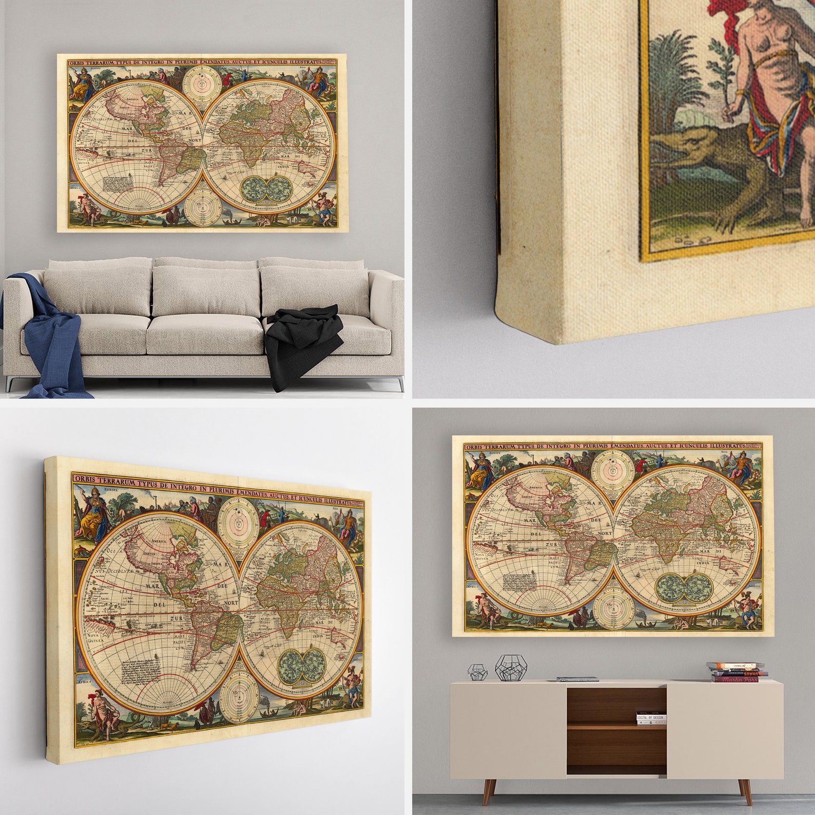 Vintage World Map Canvas Print, World Map Wall Art, Antique World Map ...